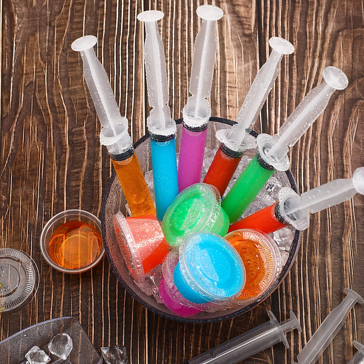 50 Pack Shot Set Include 24 Pcs 0.7 oz Shot Syringes 24 Pcs 2 oz Shot Cups with Lids and 2 Pcs 1 Liter Acrylic Bucket for Birthday Thanksgiving Halloween Christmas Bachelorette Theme Party