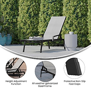 EMMA + OLIVER Braelin Adjustable Patio Chaise Lounge - Gray Textilene Seat - 5 Recline Positions - Metal Frame - All-Weather