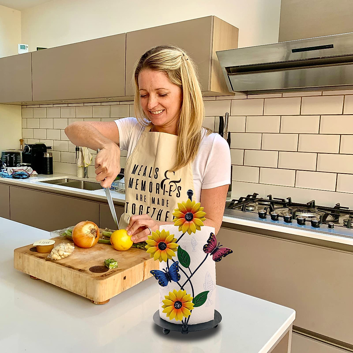 Sunflower Kitchen Paper Towel Holder with Sunflower and Butterfly, Black Metal Farmhouse Countertop Yellow Kitchen Decor Accessories