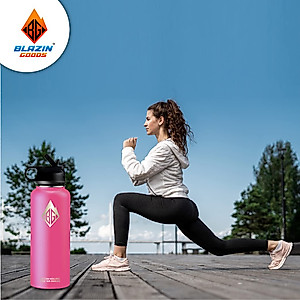 Blazin Goods 24oz Stainless Steel, Leak Proof, Vacuum Insulated Stainless Steel, Double Walled Water Bottle | 3 Lids, 2 Straws, 1 Wire cleaning brush (Pink)