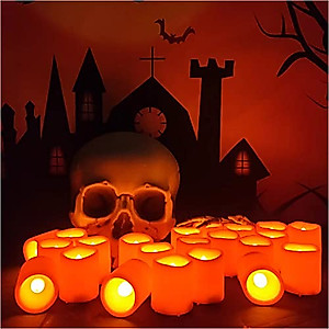 Halloween Orange LED Tea Light, Battery Operated Flameless Flickering Votive Candle Bulk for Halloween Pumpkin Christmas Wedding Party Table Centerpiece Decorations Supplies 24 Sets Batteries Included