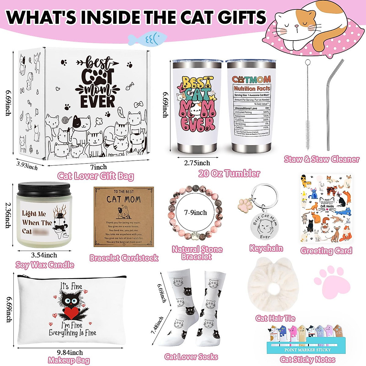 SIXVALA Cat Lover Gifts for Women, Best Cat Mom Gift Box With 20 Oz Tumbler, Makeup Bag, Scented Candle, Bracelets, Keychain, Cat Themed Gifts for Friend, Daughter, Mother, Sister, Wife