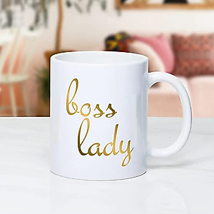 Funny Coffee Cup Boss Lady Gold Coffee Mug Unique Cool Birthday Gift for Coworkers, Men Women, Him or Her, Sister Christmas Anniversary Holiday Present Idea 11oz