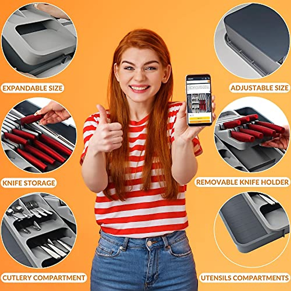 VILIA Expandable Kitchen Drawer Organizer with Knife Holder, Utensil Holder - Adjustable Cutlery Silverware Tray for Drawer, Kitchen Organization, Large Durable Utensil Organizer, Kitchen Storage