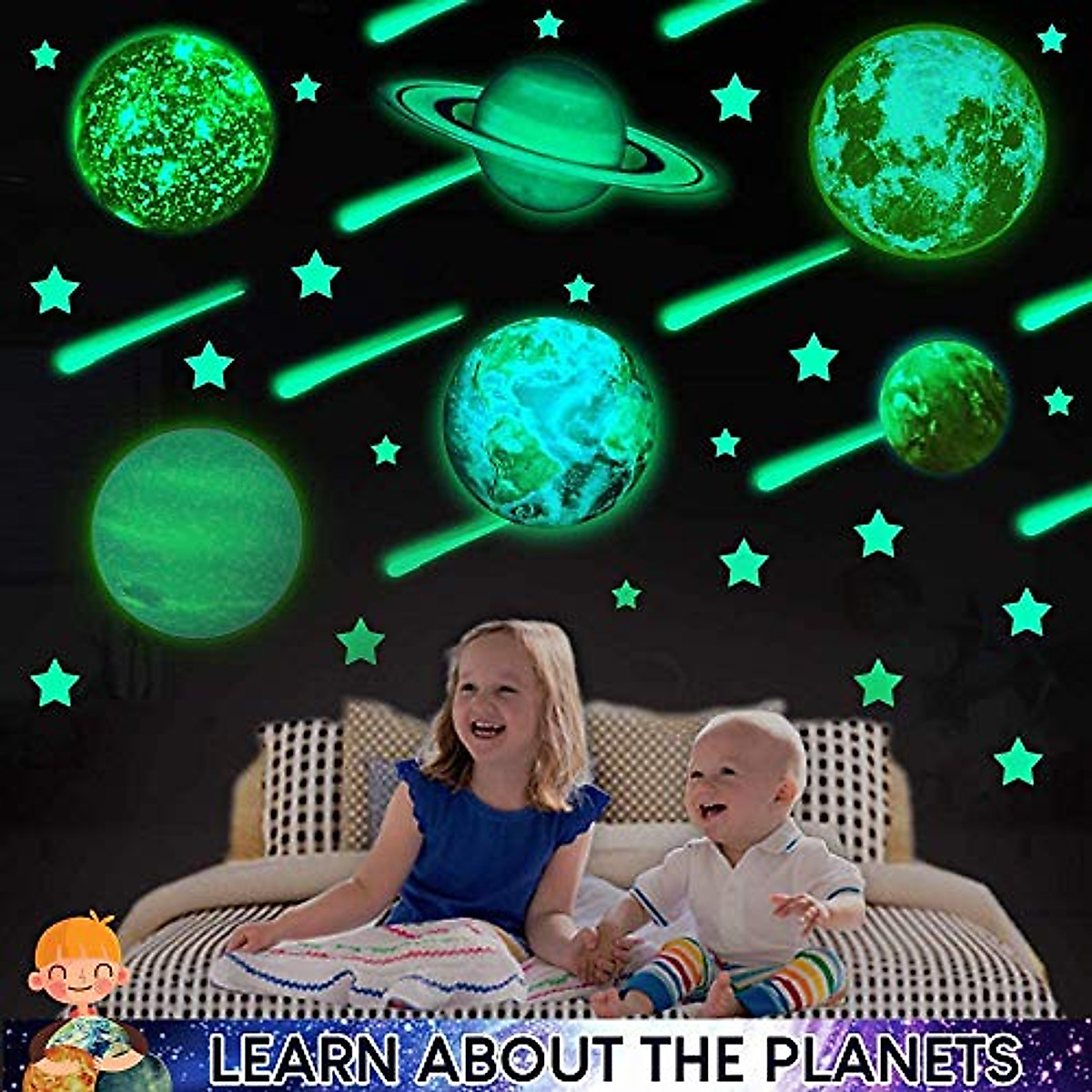 195+PCS Glow in The Dark Planets for Ceiling Decorations, Star Stickers Sun, Moon Pluto Wall Stickers for Kids, Boys Room Decor, Wall Decals Christmas Gift