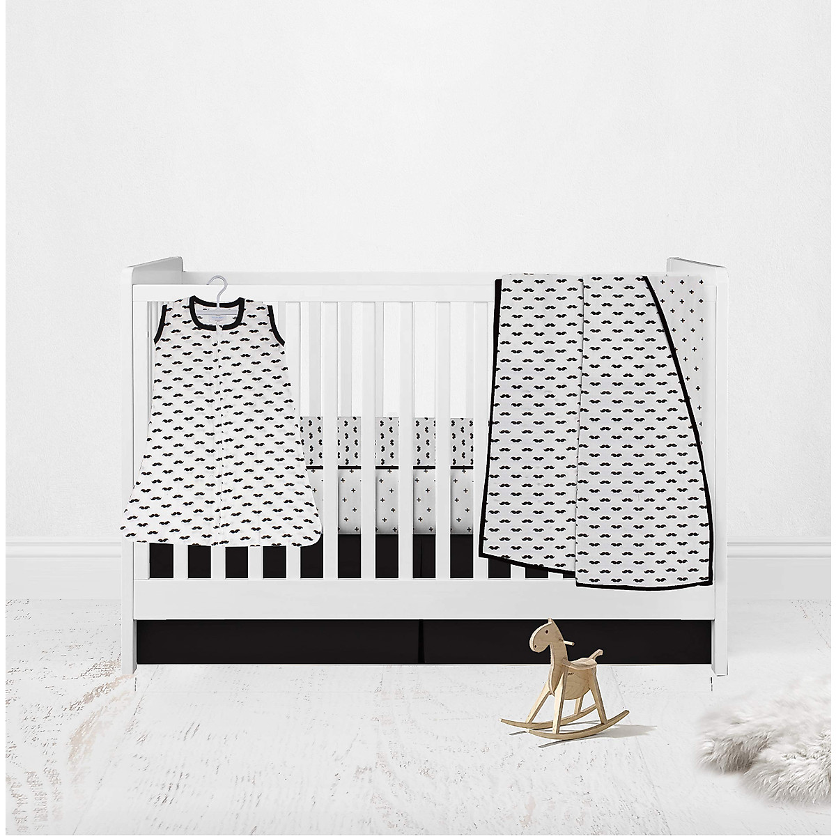 Bacati Love Muslin 3pc Crib Set with 4 Muslin Layers Lux Dream Blanket (Mustache/Plus/Cross, Black)