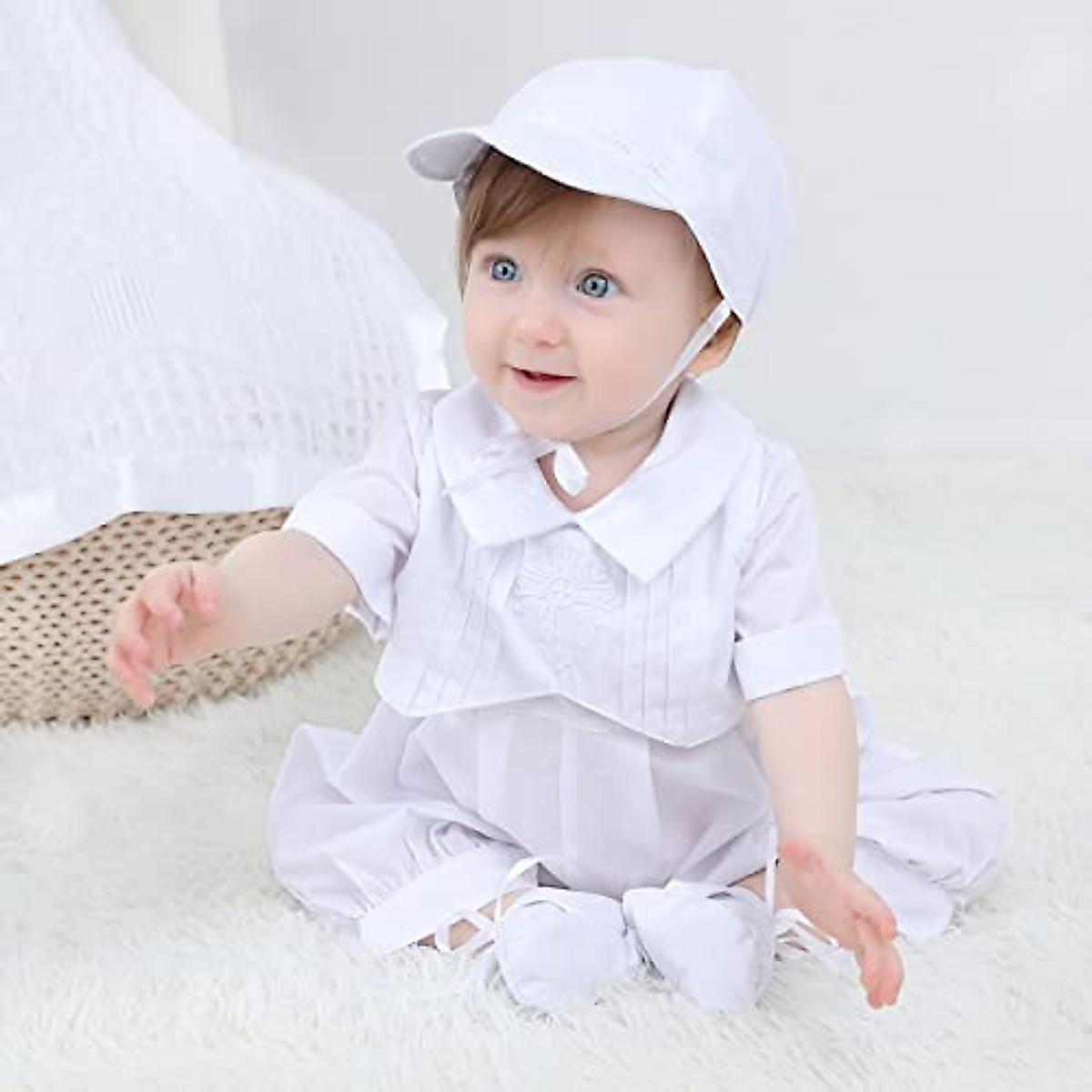Booulfi Boys Christening Outfit 0-12 Months Baby Boy Baptism Outfit Short Boys' Christening Clothing with Hat Shoes