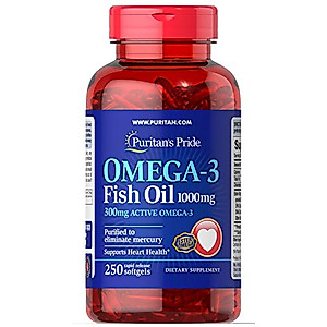 Omega-3 Fish Oil 1000 mg (300 mg Active Omega-3), Supports Heart and Joint Health, 250 Count by Puritan's Pride