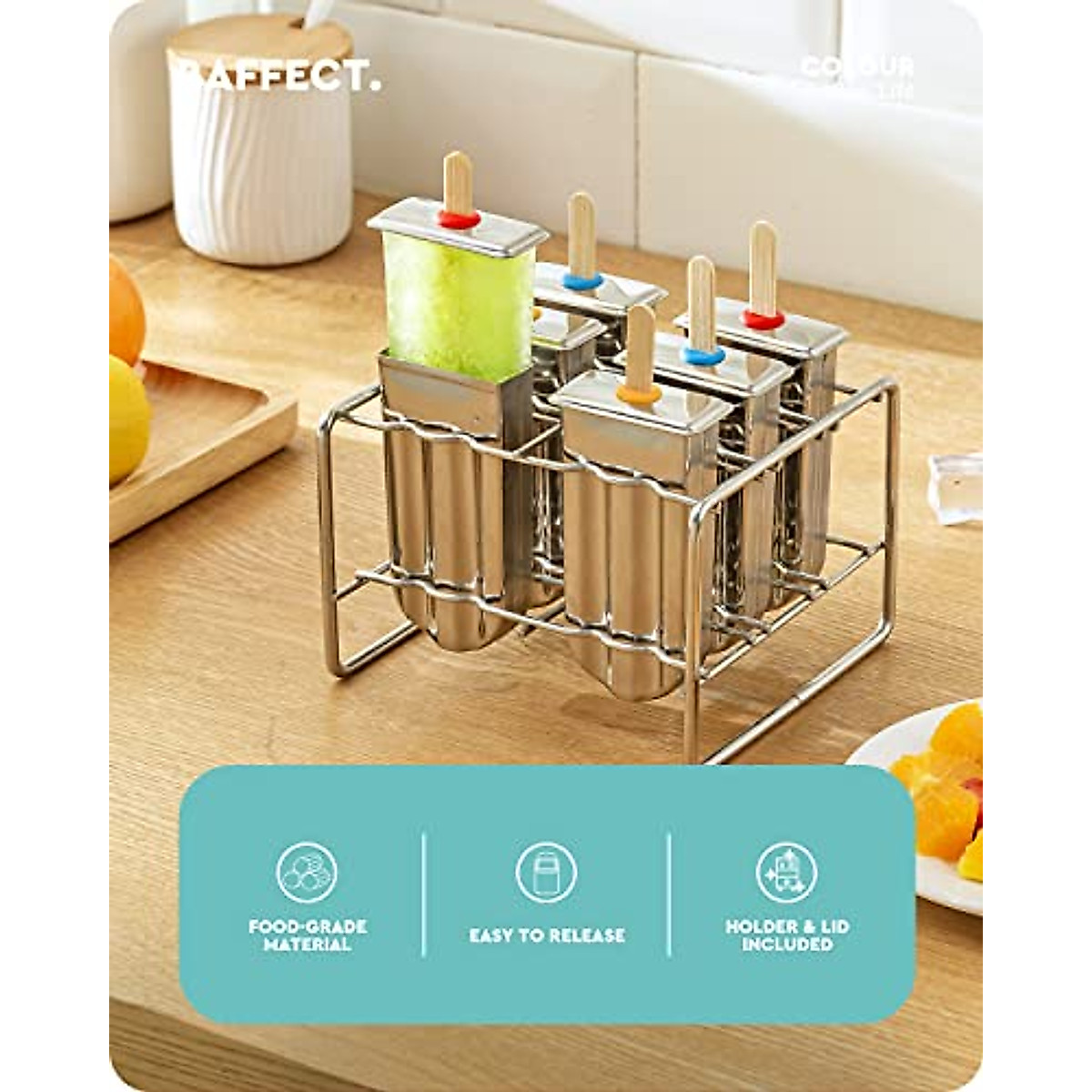 Baffect Metal Popsicle Moulds, Set of 6 Round Head Stainless Steel Ice Lolly Molds with Holder, Fast Freezing Ice Cream Makers with Lollipop Sticks and Bags