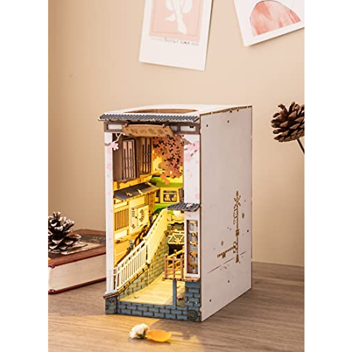 ROBOTIME DIY Book Nook Kit Decorative Bookend Insert Bookcase Book Stand Miniature House Kit with LED Light Creative Gift for Birthdays (Sakura Tram)