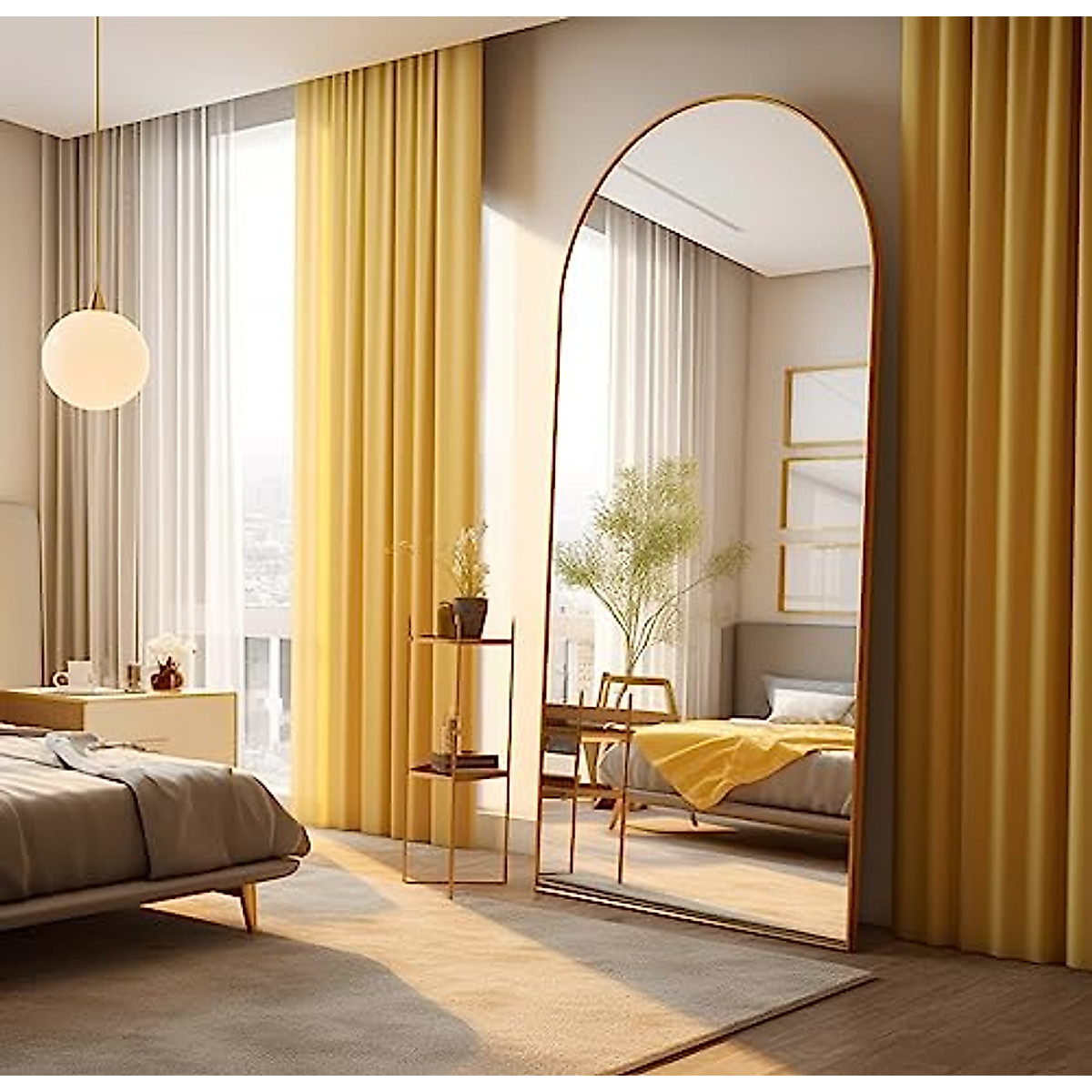 ABSWHLM 71"x32" Arched Mirror Full Length Large Mirror with Stand Aluminum Alloy Frame Floor Mirror for Living Room, Bedroom Hanging Standing or Leaning Wall-Mounted, Gold