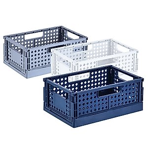 Klyuqoz Pastel Crates, 3 Pack Storage Crates Plastic Stackable, Large Size (9.5 X 6.3 X 3.9 in), Desktop Storage Crates, Folding for Home Kitchen Bedroom Office.Blue, Gray, White