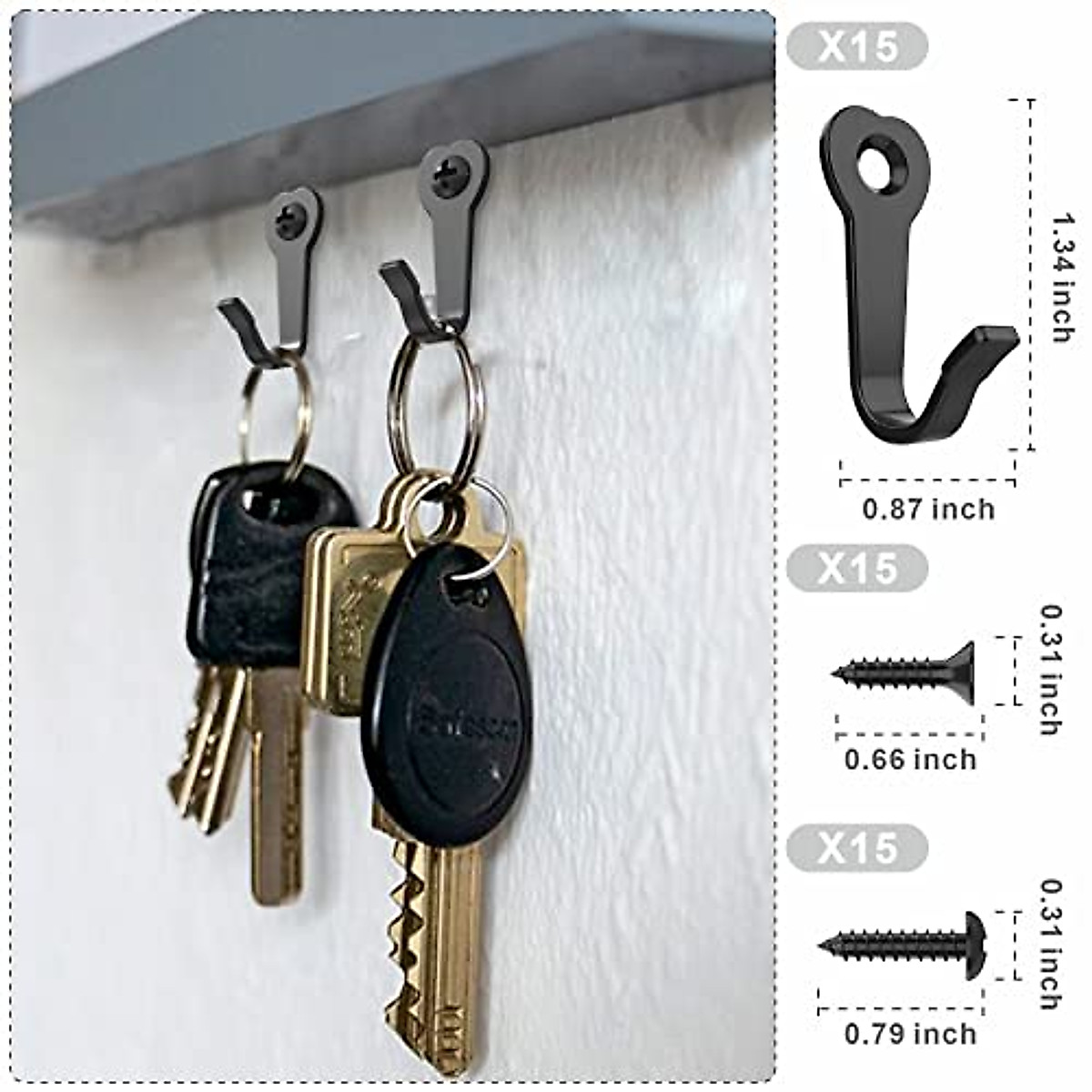 BREYDROK 15Pack Heavy Duty Iron Wall Coat Hook | Coat Hanger Hooks | Hooks for Wall | Mug Hooks with 30 Pieces Screws for Towel, Key, Robe, Coats, Scarf, Bag, Coffee Cup, Mugs, Cap