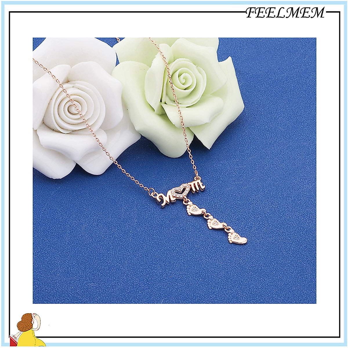 FEELMEM Pregnant Mom to Be Gift New Mom Gift 1 2 3 Baby Feet Footprint Charm Mom Heart Symbol Necklace Gift for New Mother Mommy To Be (foot-Rose gold-3)