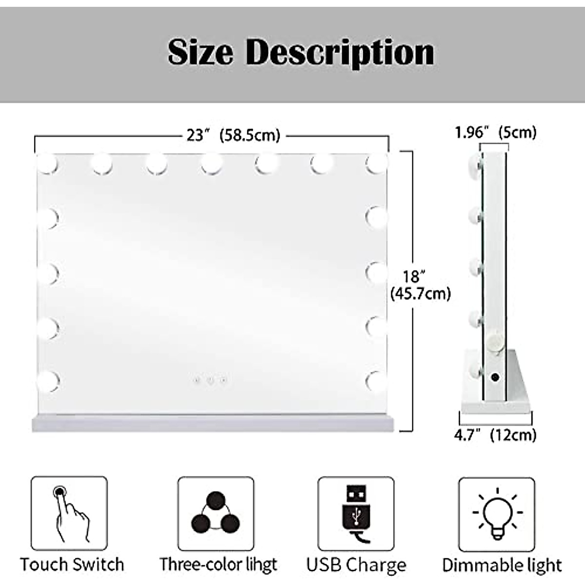 Filytop 22.8"x 18.1" Makeup Mirror with Lights,10X Large Hollywood Lighted Vanity Mirror with 15 Dimmable LED Bulbs,3 Color Modes,Touch Control,Tabletop or Wall-Mounted, White