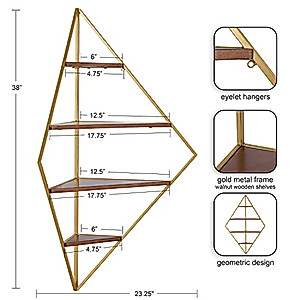 Kate and Laurel Melora Mid-Century Modern Corner Shelf, 24 x 38 x 17, Walnut and Gold, Glamorous Floating Corner Shelving with Four Shelves and Unique Geometric Shape
