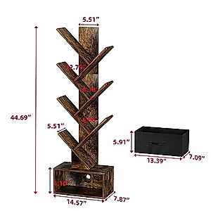 Egepon 6-Tier Tree Bookshelf with Drawer Rustic Brown Book Shelf Storage Rack Floor Standing Bookcase for CDs Movies Books Multifunctional Organizer Shelves for Home Office Living Room Bedroom