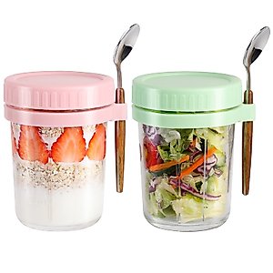 SUREHOME Overnight Oats Containers with Lids and Spoon, 16 Oz Glass Mason Jars for overnight oats oatmeal container to go meal prep jars with Measurement Marks for Pudding Milk Cereal Salad (2 Pack)