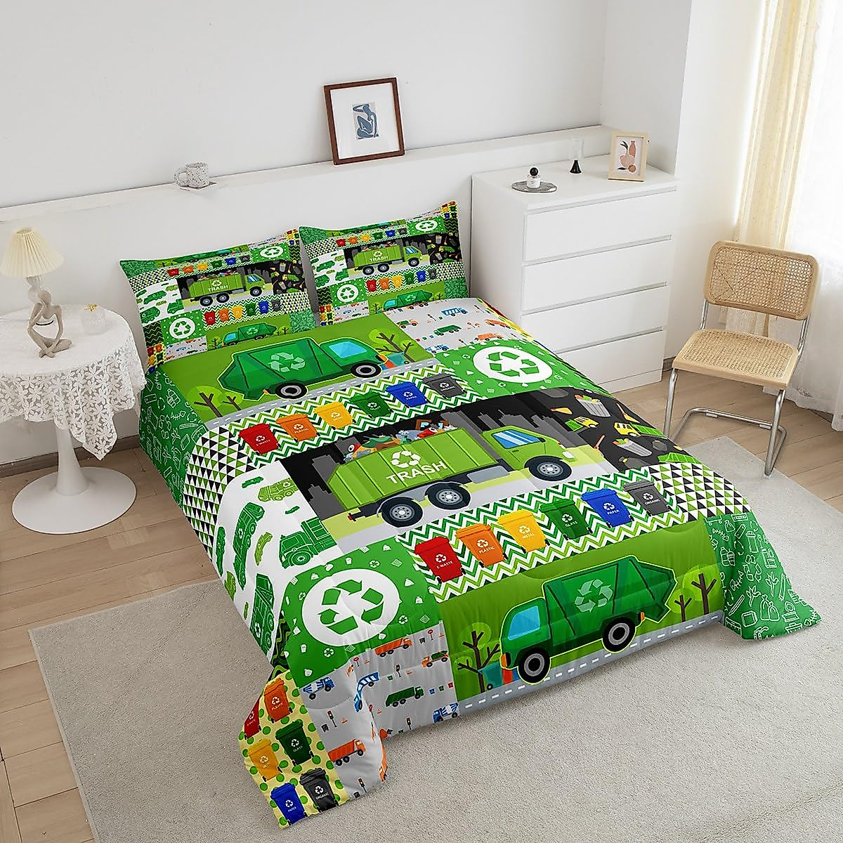 Cartoon Garbage Truck Bedding Comforter Sets Twin,Colorful Trash Can Cute Green Cars Trees Bedding Set for Bedroom,Watercolor Abstract Stripes Geometric Art with 1 Comforter and 1 Pillowcase