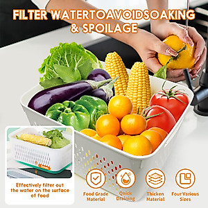 GSAFEME 4 PCS Large Fruit Containers for Fridge with Handle - Leakproof Food Storage Containers with Removable Colander for Salad Berry Lettuce Vegetables Meat Keeper