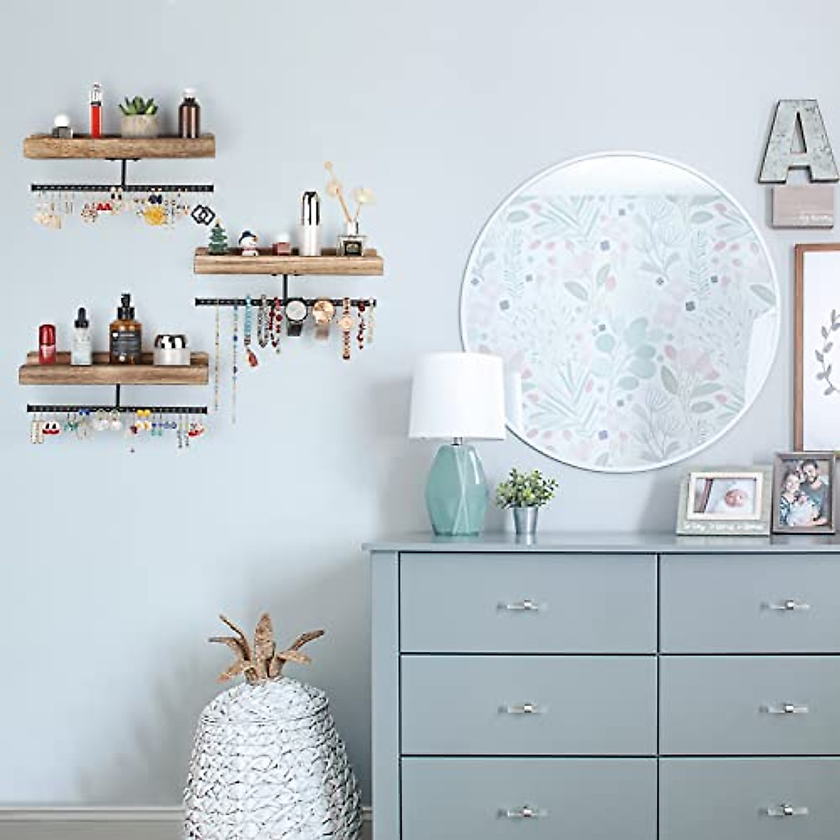 Miratino Jewelry Organizer Hanging Jewelry Holder Rustic Wood Wall Mounted Jewelry Storage for Necklaces Bracelets Earrings Rings Display Set of 3 Carbonized Black