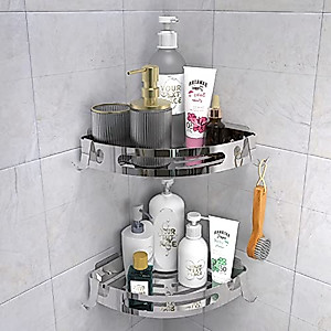 FOTN Shower Caddy Basket, NO Drilling Shower Shelf Adhesive Corner Shower Organizer with Hooks for Bathroom Kitchen Toilet Storage Shelf, Rustproof 304 Stainless Steel Shower Rack, 2 Pack (silver)