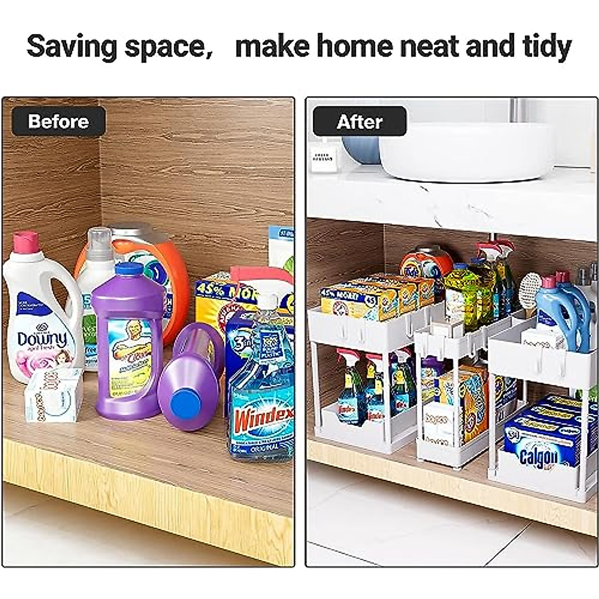 3 Pack MUzizy Under Sink Organizer Pull Out Under Sink Storage, 2 Tier Multi-Purpose Sliding Under the Sink Organizer Bathroom Kitchen Sink Organizer Under Cabinet Shelf for Cleaning Supplies -White