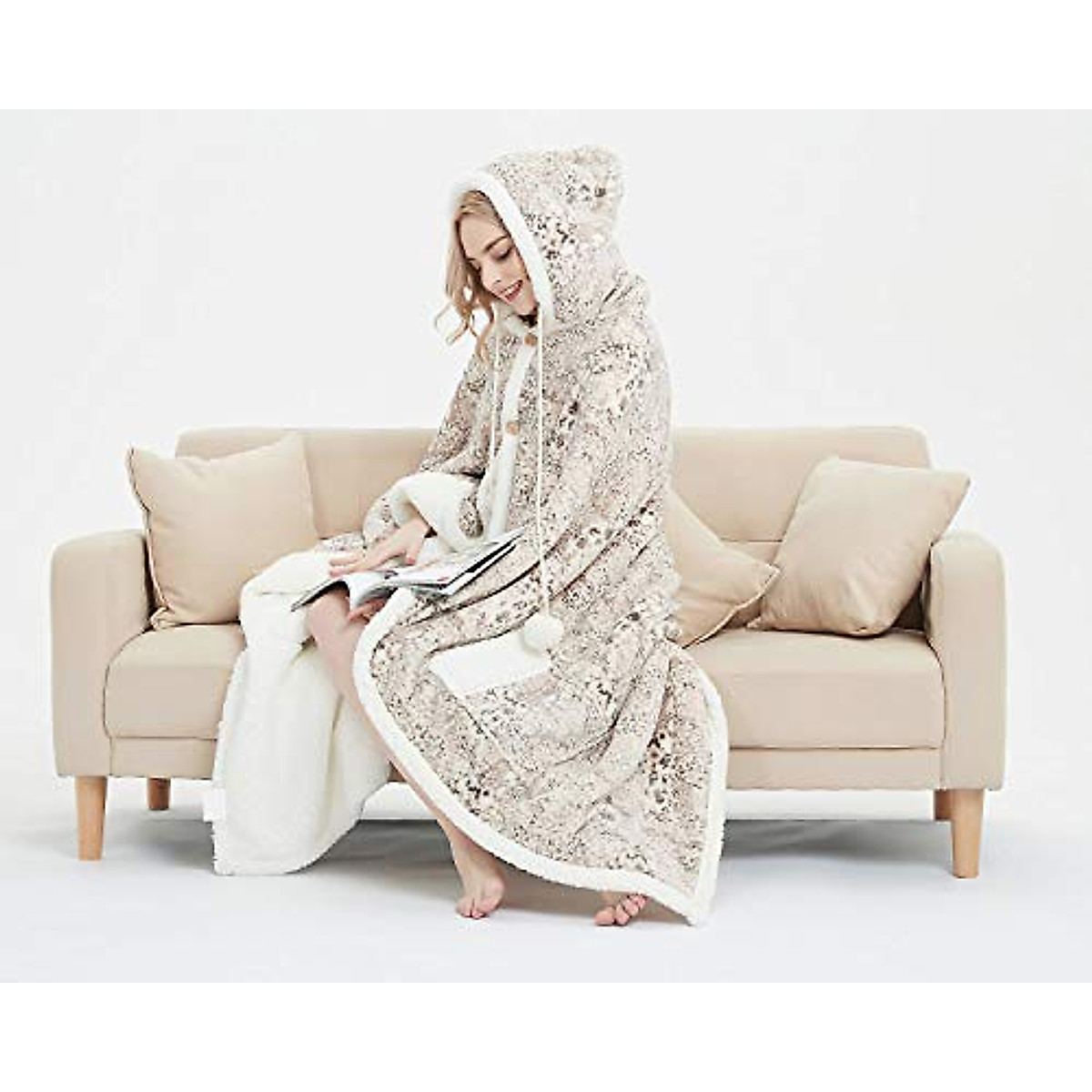 Marquess Hooded Throw Robe Wrap Ultra Soft Plush Coral Fleece & Sherpa Wearable Blanket with 2 Pockets Print Chic Lifestyle Gift 51 x 71'' (Beige Point)