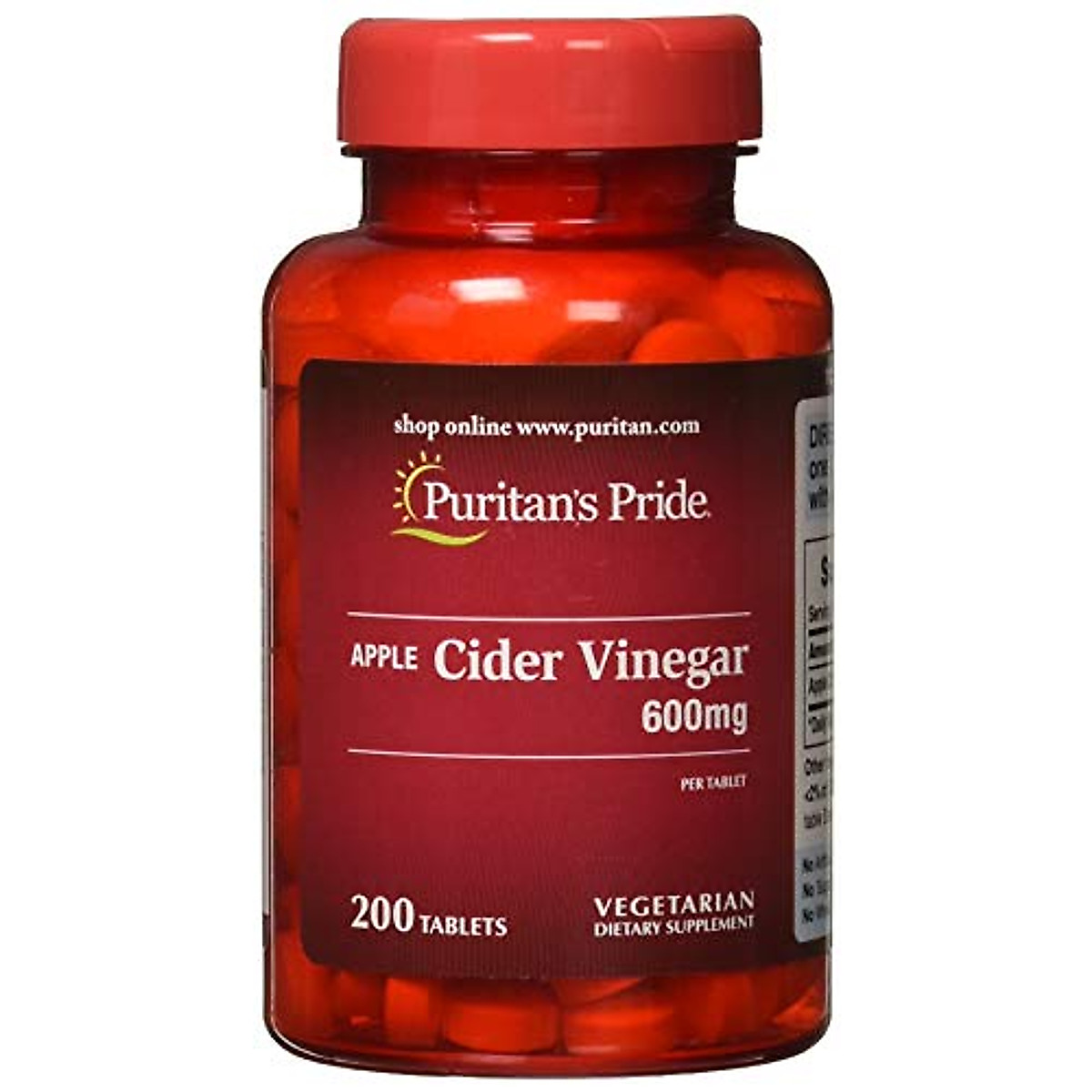 Puritans Pride Apple Cider Vinegar 600 mg Tablets, 200 Count (Packing May Vary)