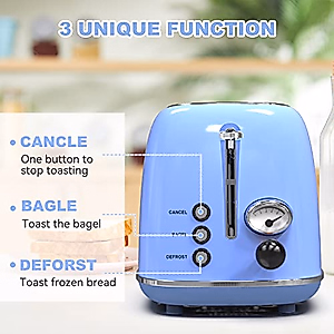 Toaster 2 slice, KitchMix Retro Stainless Steel Toaster with 6 Settings, 1.5 In Extra Wide Slots, Bagel/Defrost/Cancel Function, Removable Crumb Tray (Blue)