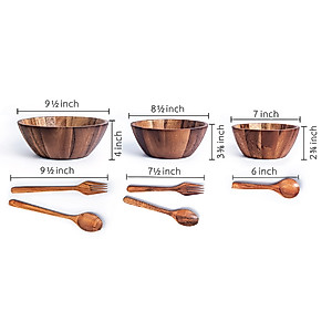 Large Acacia Wood Nesting Round Set 3 Serving Bowls 9½” 8½” 7” with Utensils Wooden Forks and Spoons Mix size Stackable Dish for Fruit Salad Vegetables Pasta Soup Cereals Decorative Wooden Nest Bowl
