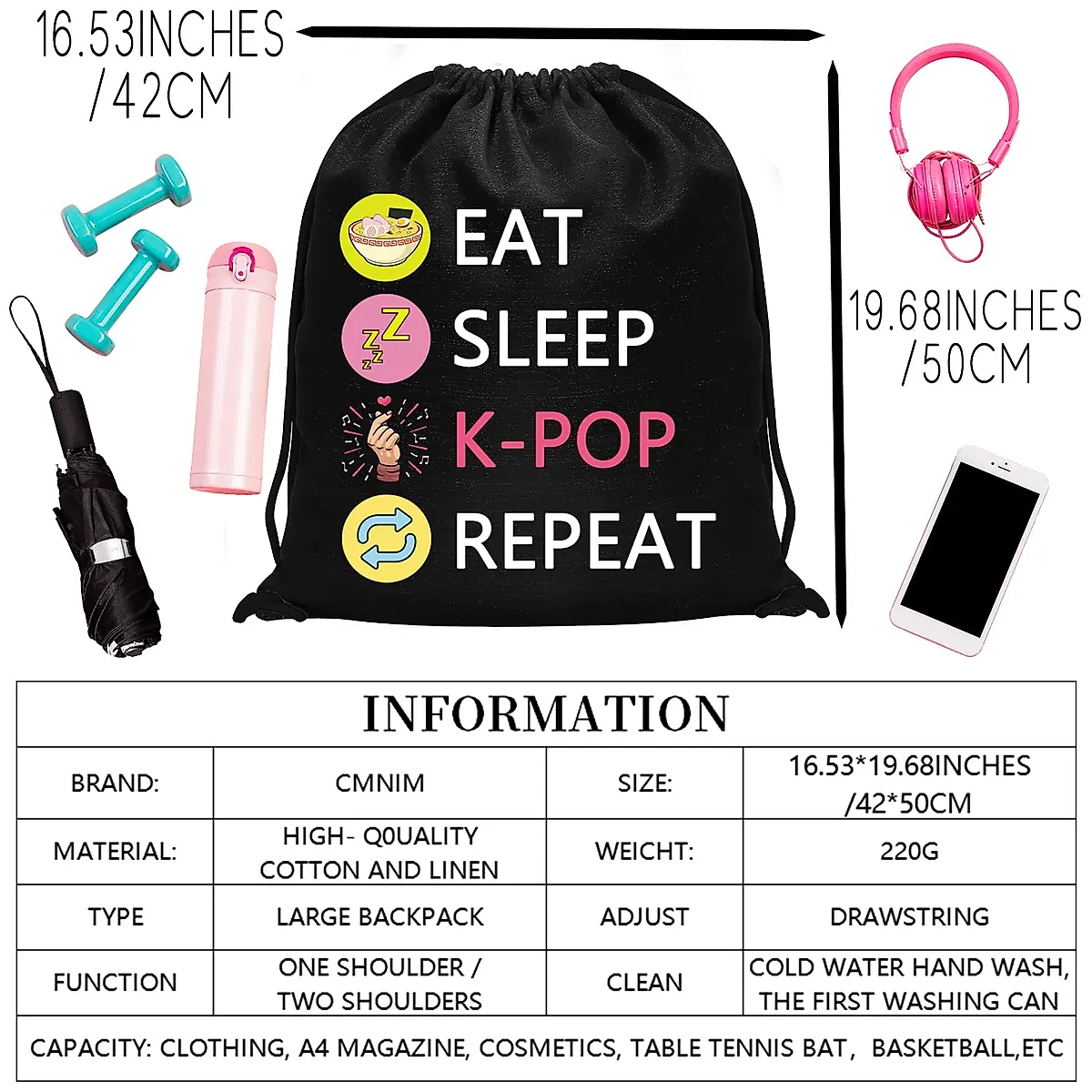 CMNIM K-POP Makeup Bag Eat Sleep Repeat Travel Pouch Merchandise Gift for Women Girl (Black DB)