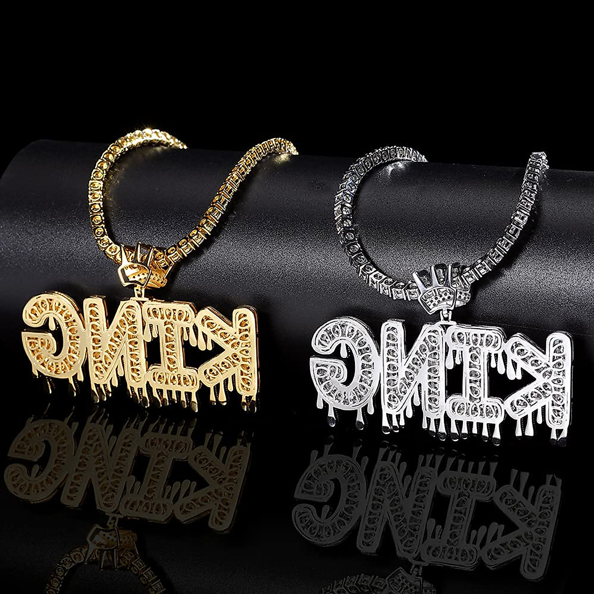 Waterdorp 18K Gold Plated Letter Chain DIY Full CZ Bubble Letter Necklace for Men Women Personalized Customized Name 2-7 Pcs Bling Initial Pendant with Crown, with Rope Chain or Tennis Chain Memorable Novelty Gifts