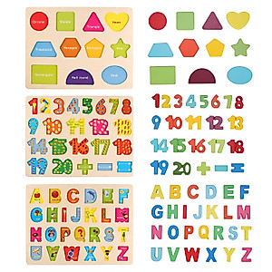 Wooden Puzzles for Toddlers - Wood Alphabet Number Shape Learning Puzzle for Kids Ages 2 3 4 5 - Boys Girls Preschool Educational Toys Gift