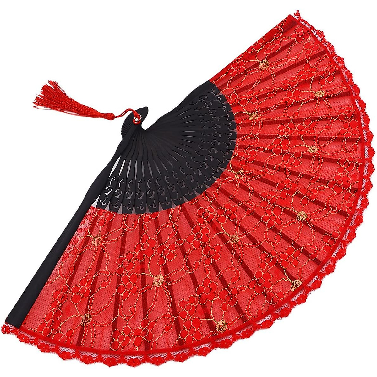 Womens Multi Color Handmade Cotton Lace Folding Hand Fan (Black-A) (Red-a)