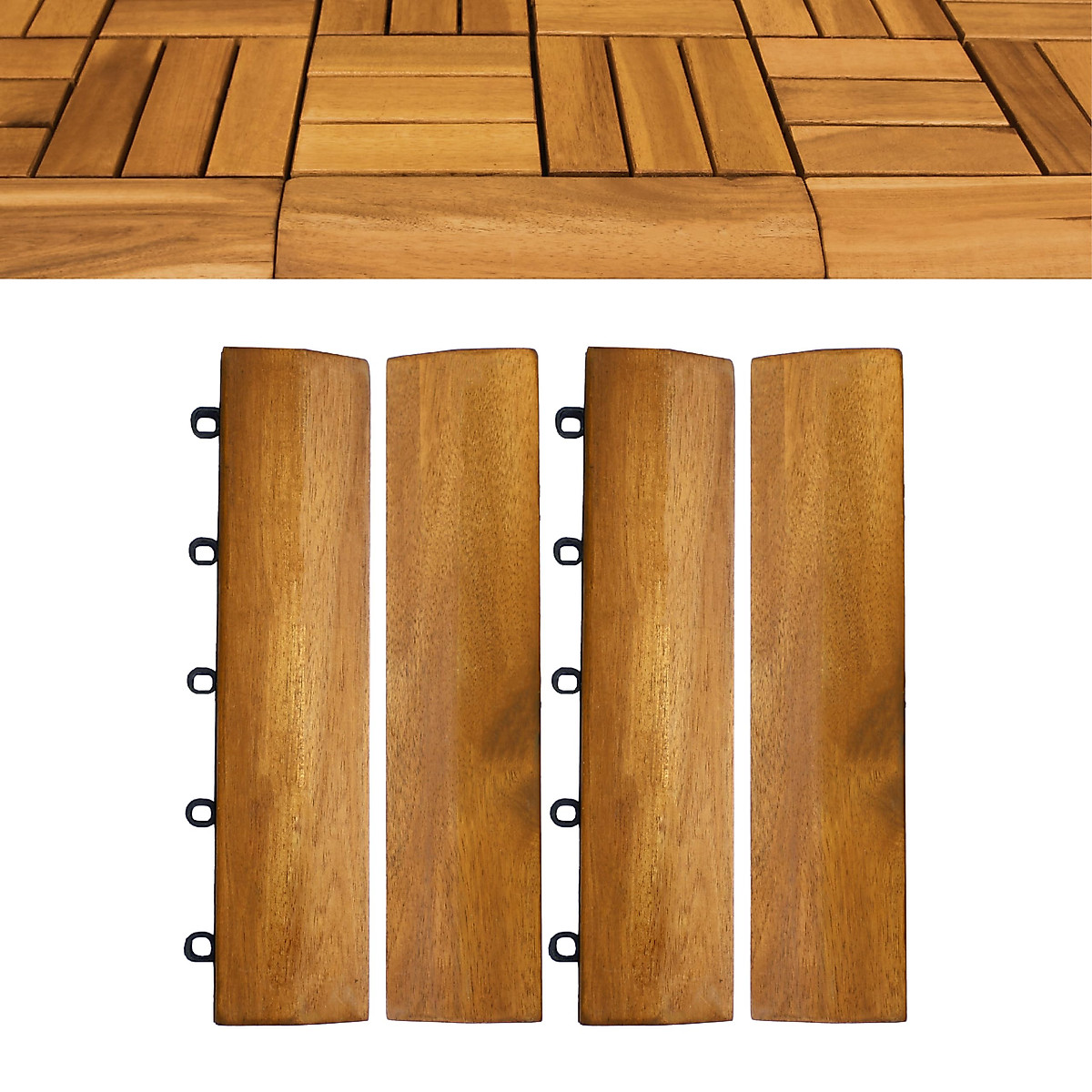 CLOVERHOLM 4Pcs Loop Ends Side Trim, 12 Inch Length Interlocking Deck Tile Edges, Outdoor Patio Flooring, Wooden Balcony Floor, Sturdy and Enduring Acacia Wood, Natural
