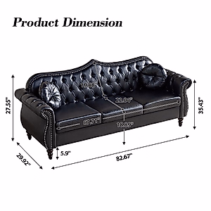 Modern PU Tufted Couch 3 Seater with Rolled Arms and Nailhead, Deep Button Nailhead Tufted Black Upholstered Couches, Roll Arm Classic Tufted Chesterfield Settee Leather Sofa for Living Room (Black)