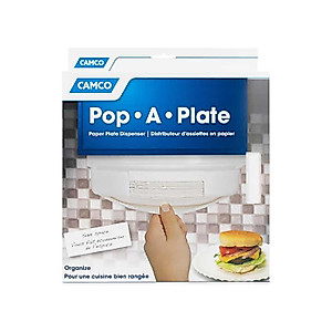 Camco 9-inch Pop-A-Plate Plastic Plate Dispenser | Ideal for Compact Spaces, RVs and Trailers | Mounts Under Cabinets or Shelves | White (57001)