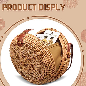 Kajaia Round Rattan Bag for Women Straw Crossbody Bag with 2 Pairs Rattan Earrings Beach Lightweight Geometric Boho Earrings Summer Jewelry Shoulder Leather Strap Natural Wicker Woven Bag