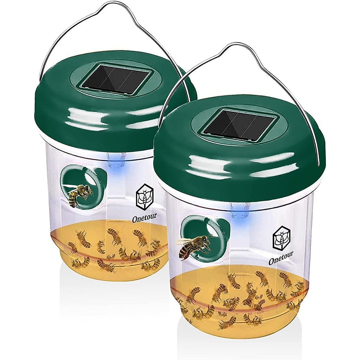 2 Packs Wasp Trap - Solar Powered Bee Trap Outdoor for Yellow Jackets, Hornets and Wasps - Durable Wasp Killer and Bee Killer - Reusable Yellow Jacket Trap and Insect Trap
