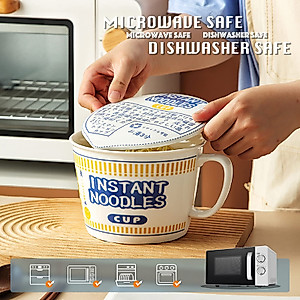 Ramen Noodle Bowl with Lid Creative Instant Noodle Cooker Bowl Large Japanese Ceramic Soup Bowl with Handle (F)