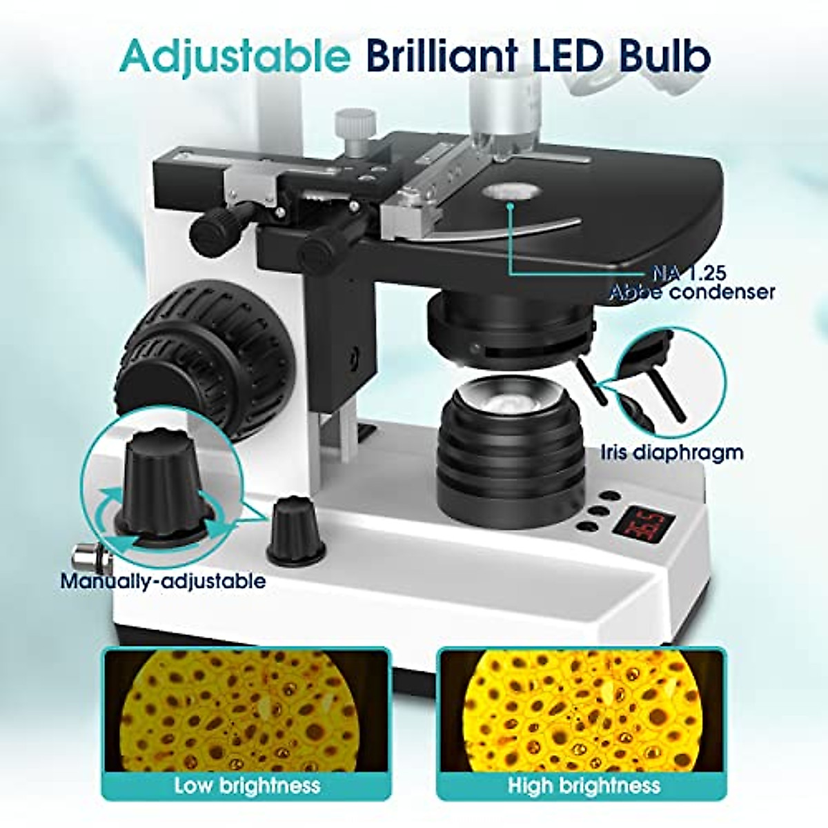 Microscope for Adults with 40X-2500X Magnification,Dual-View Lab Compound Monocular Microscopes with Adjustable Thermostat Mechanical Stage, WF10X/25X Eyepiece, 7'' LCD Screen, Built in 5MP Camera
