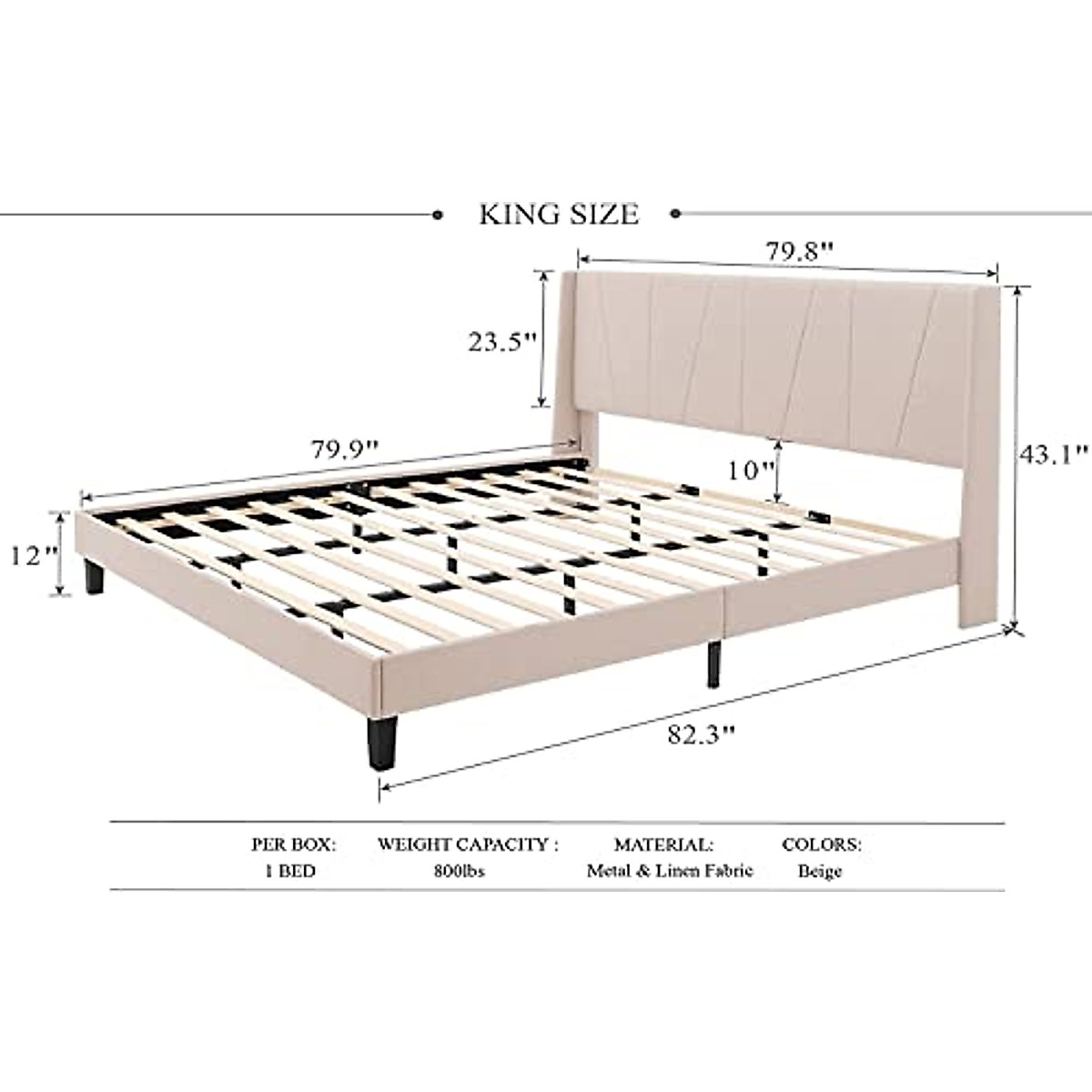 Benevika King Size Platform Bed Frame with Geometric Wingback Headboard, Wooden Slats Support, No Box Spring Needed, Easy Assembly, Gray