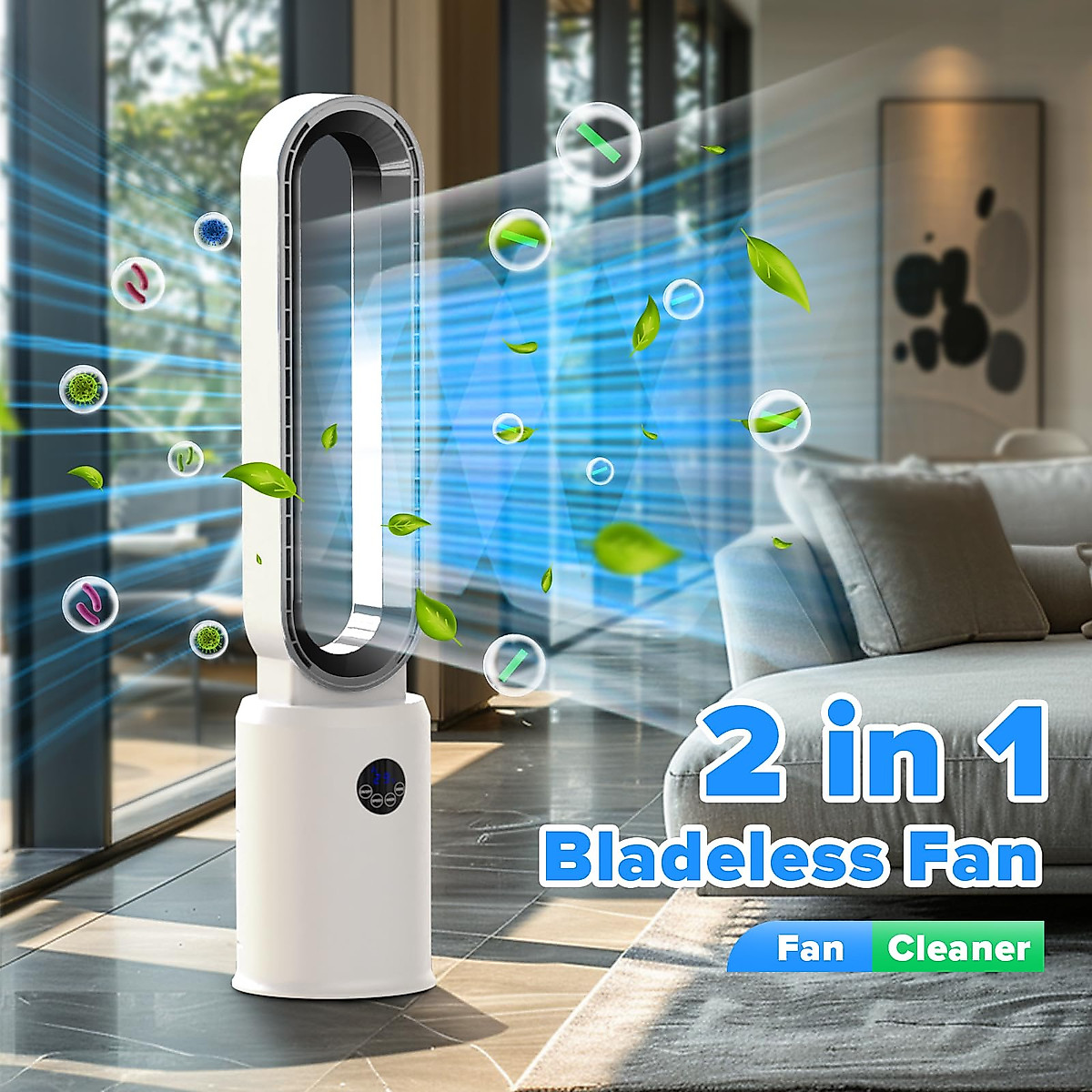 Cobuy Bladeless Tower Fan with Remote, Air Circulator Cooling Fan for Indoor Use, 24 Speeds Settings, 12 Timer, Quiet Oscillating Fan for Home Bedroom, Silver