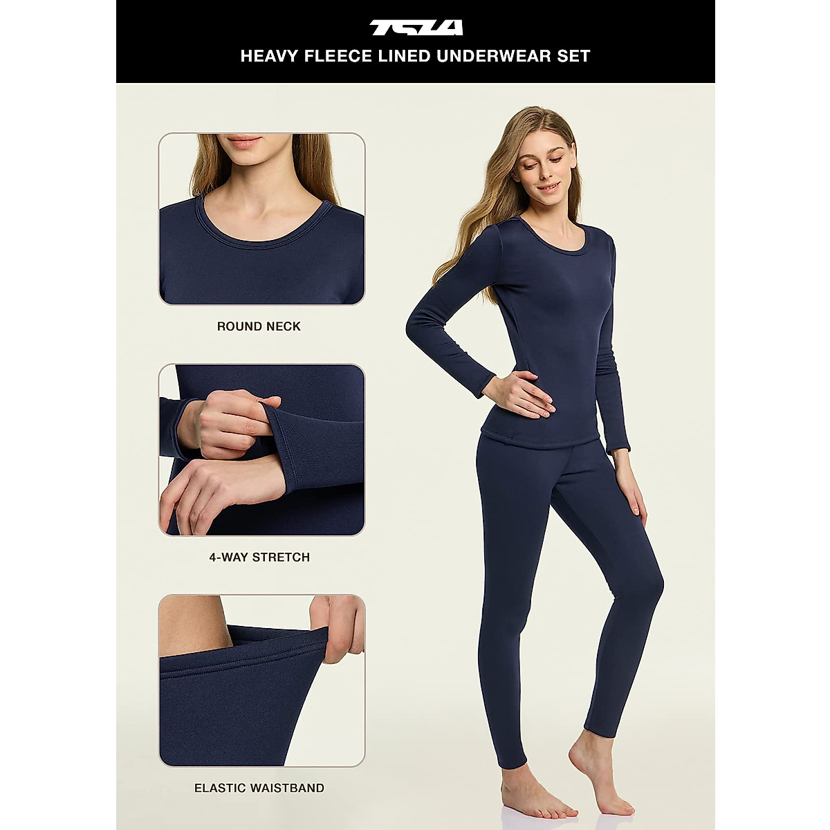 TSLA Women's Thermal Underwear Set, Soft Fleece Lined Long Johns, Winter Warm Base Layer Top & Bottom, Heavyweight Dark Navy, Medium