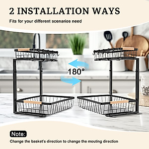 AT1nTen 2 Pack Under Sink Organizer, Sliding Cabinet Basket Organizer 2 Tier Under Bathroom Storage Rack with Hooks, Hanging Cup, Dividers, Multi-purpose Storage Shelf for Bathroom Kitchen, Black