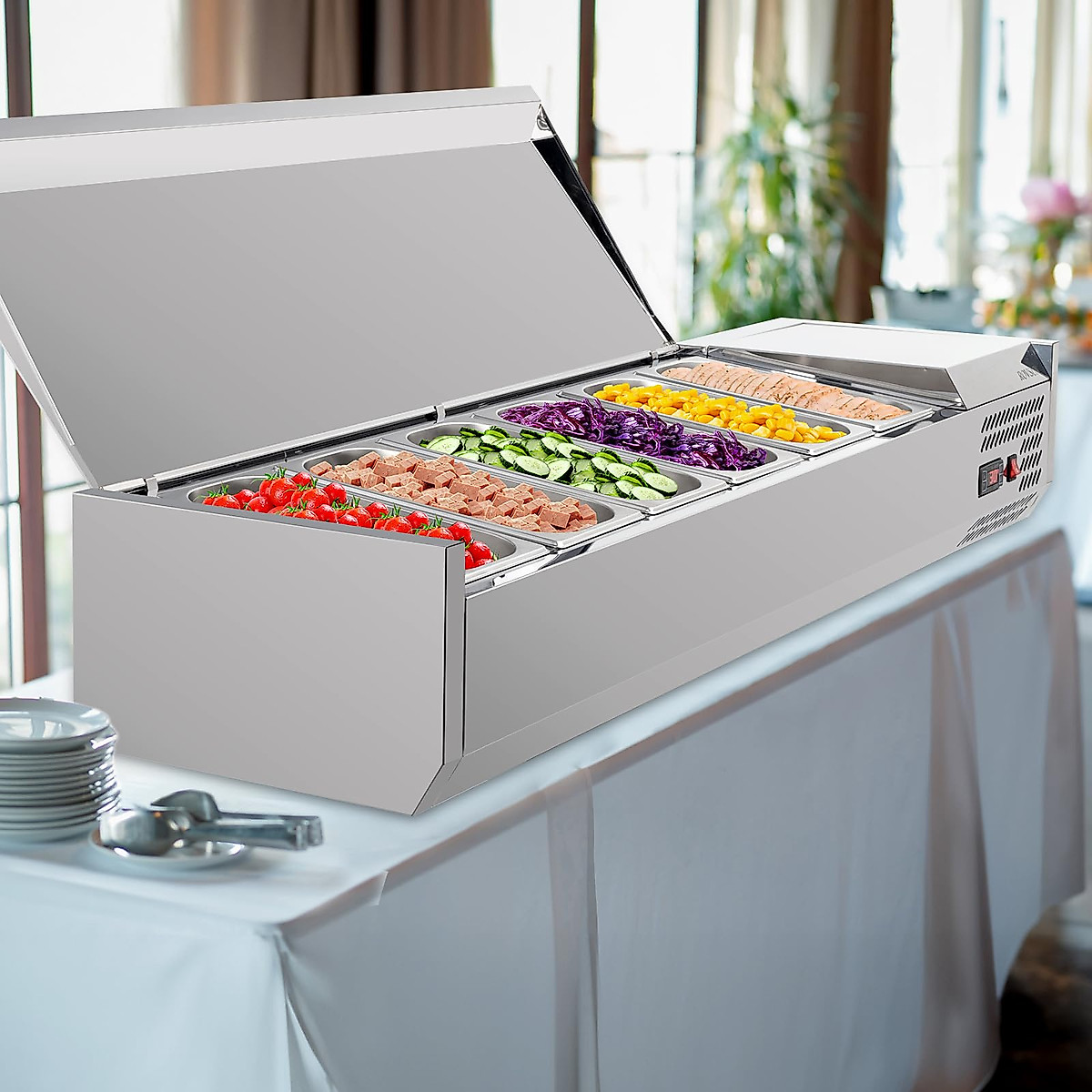 ROVSUN 59" Refrigerated Condiment Prep Station Sandwich Prep Table ETL NSF, 34.2QT Salad Bar Prep Rail w/Auto Defrost Temp Control Stainless Steel Cover 6 * 1/3 Pan for Restaurant Food Truck