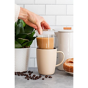 Vinglacé Stainless Steel Coffee Mug- Insulated Hot and Cold Beverage Cup with Glass Insert and Lid, 12 oz, Sand