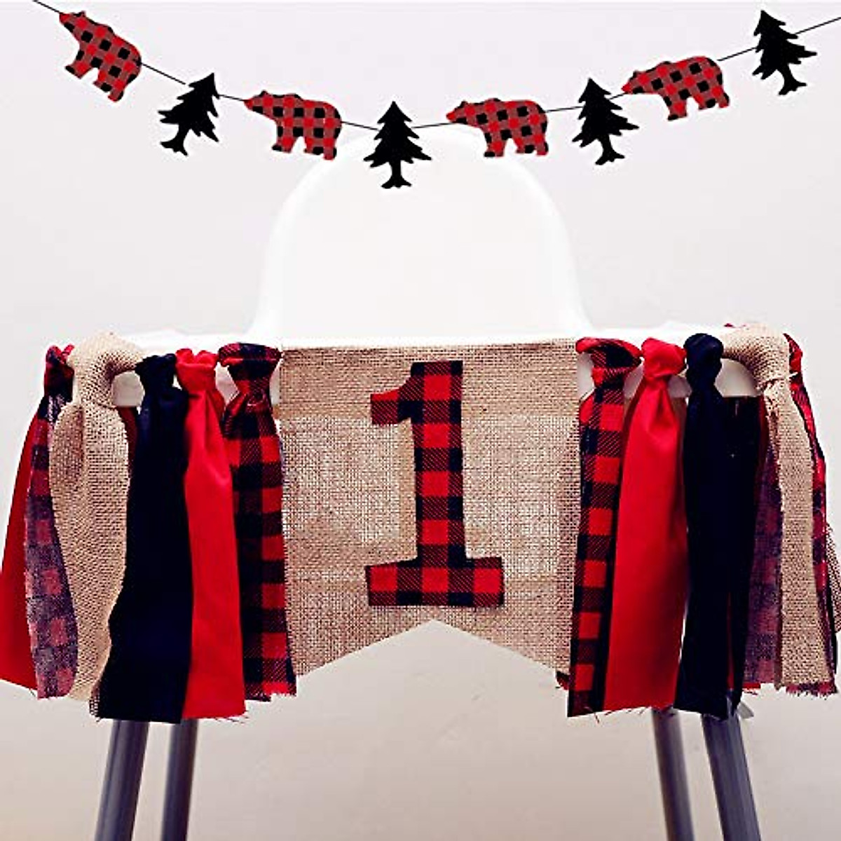JeVenis Set of 2 Lumberjack Theme Banner Garland Party Supplies Lumberjack Highchair Banner Timber Buffalo Plaid Baby Boy First Birthday Party Photo Backdrop for Kid Birthday Baby Shower Party