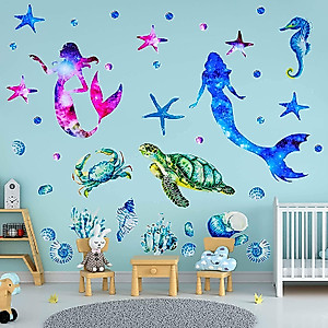Mermaid Wall Decals, 2 Sheets Removable Mermaid Wall Stickers for Bedroom, The Sea Mermaid Wall Decals Ocean Mermaid Turtle Wall Stickers Bathroom Kids Bedroom